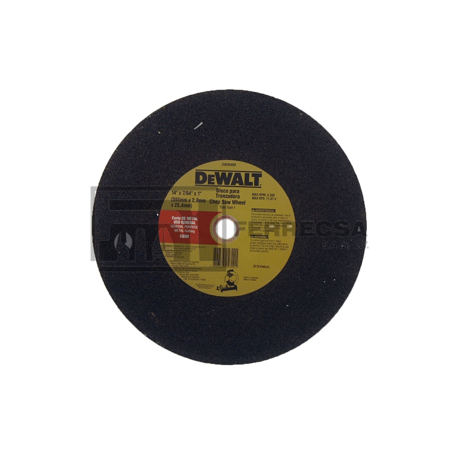 DISCO PARA CORTE DE METAL 14" DEWALT DW0014 (10)* - Tienda Ferrecsa